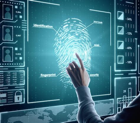 Premium Photo Hand Using Creative Finger Print Scan Hud On Blue Background Id And Protection