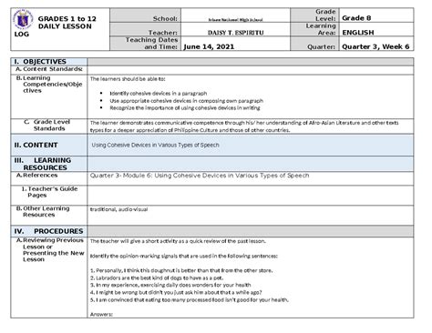 Cot 3 Final Useful For Your Studies Grades 1 To 12 Daily Lesson Log