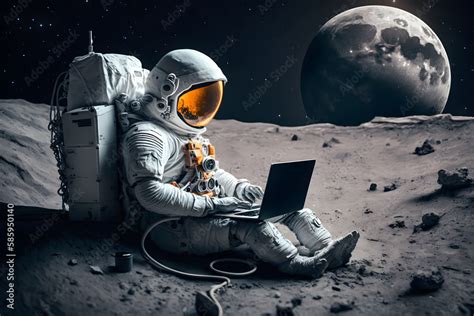 Astronaut In Outer Space Working On A Laptop Neural Network Ai