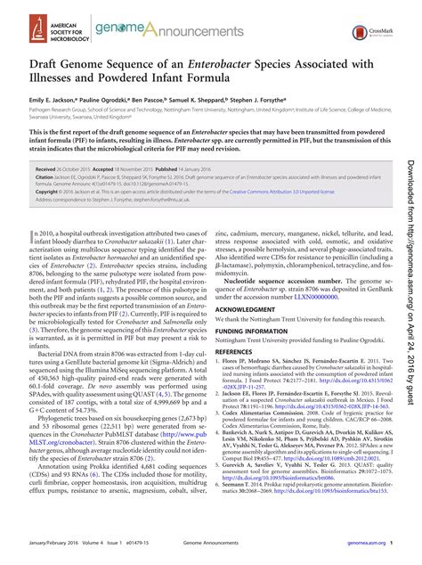 Draft Genome Sequence Of An Enterobacter Species Associated With Illnesses And Powered Infant