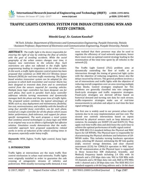 Traffic Lights Control System For Indian Cities Using Wsn And Fuzzy Control Pdf Internet Of