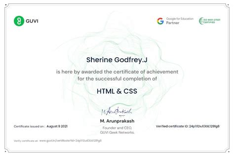 Sherine Godfrey J On Linkedin I Have Learned Html And Css And Obtained Certificate From Guvi