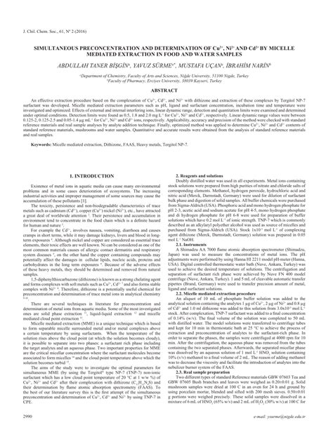 Pdf Simultaneous Preconcentration And Determination Of Cu 2 Ni 2 And Cd 2 By Micelle