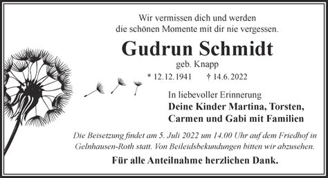 Traueranzeigen Von Gudrun Schmidt Trauer Gnz De