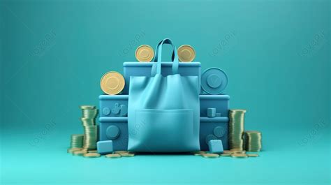 전자상거래 경험 향상 블루 포디움 위의 쇼핑백과 동전의 3d 일러스트레이션 가방 배경 파란색 그림 배경 상거래 배경 이미지 Hd 가방 파란색 그림 상거래 배경