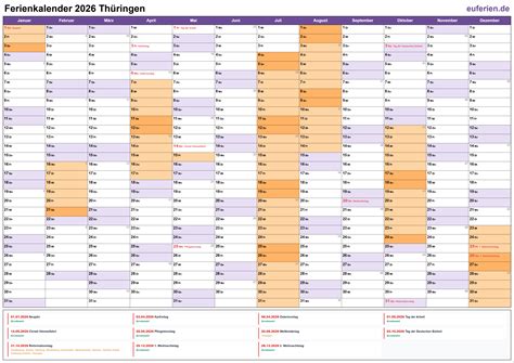 Thüringen Ferienkalender 2026 Euferiende Europäische Schulferien