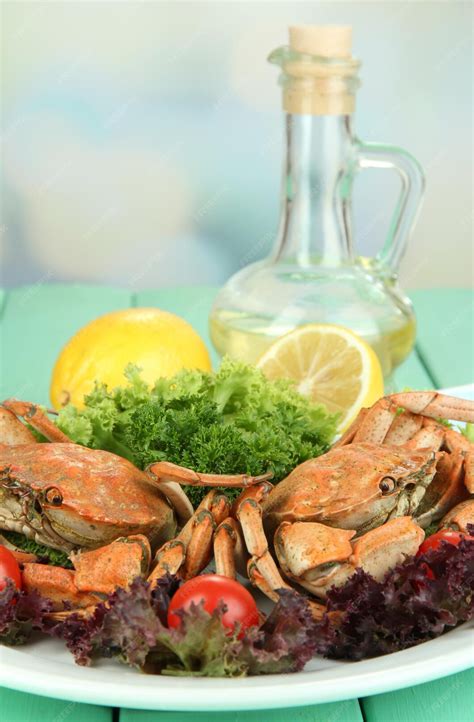 Caranguejos Cozidos Na Chapa Branca Com Folhas De Salada E Mesa De Madeira Tomatoson No Fundo