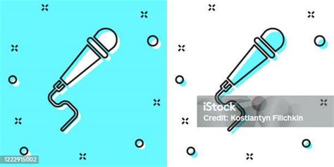 녹색과 흰색 배경에 격리 된 검은 선 마이크 아이콘입니다 공기 라디오 마이크 마이크에 스피커 기호입니다 임의 동적 셰이프 벡터 일러스트레이션 가능성에 대한 스톡 벡터 아트