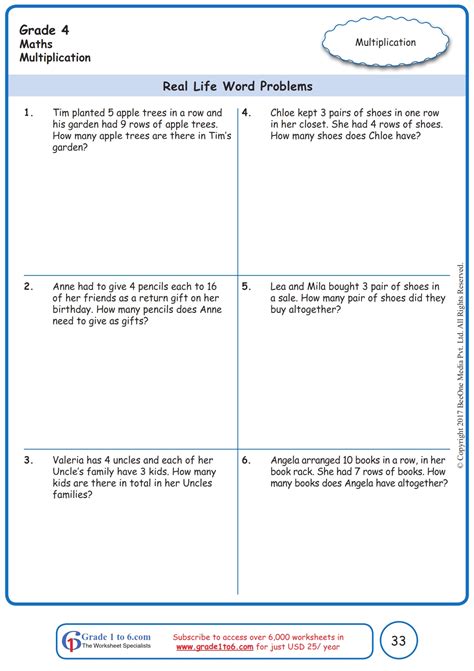 Multiplication Word Problems Worksheets Grade 4