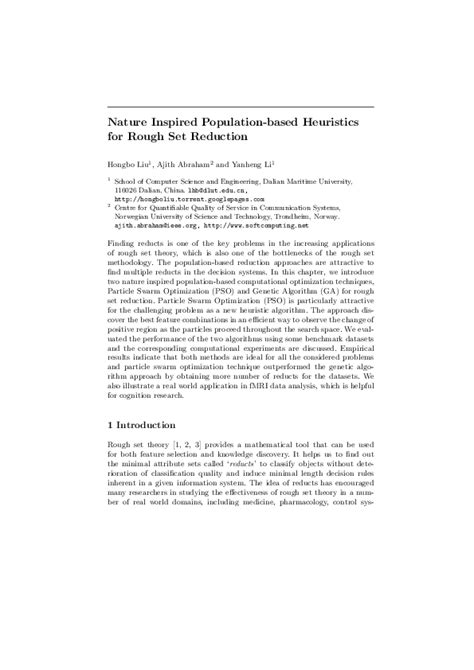 pdf nature inspired population based heuristics for rough set reduction
