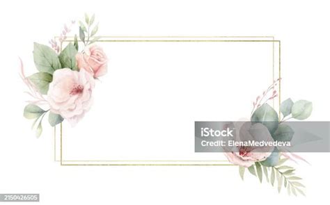 수채화 사각형 꽃 프레임 와 황금 기하학적 모양 더스티 핑크 장미 꽃 유칼립투스 잎 청첩장 인사말 카드를 위한 단풍 배열 손으로 그린 그림입니다 0명에 대한 스톡 벡터 아트