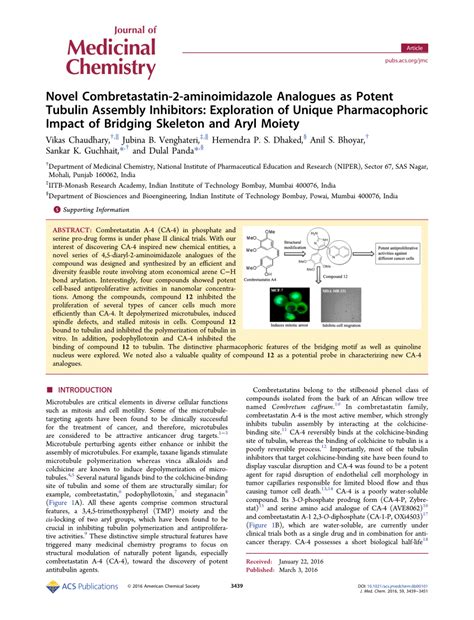 Pdf Novel Combretastatin 2 Aminoimidazole Analogues As Potent Tubulin Assembly Inhibitors
