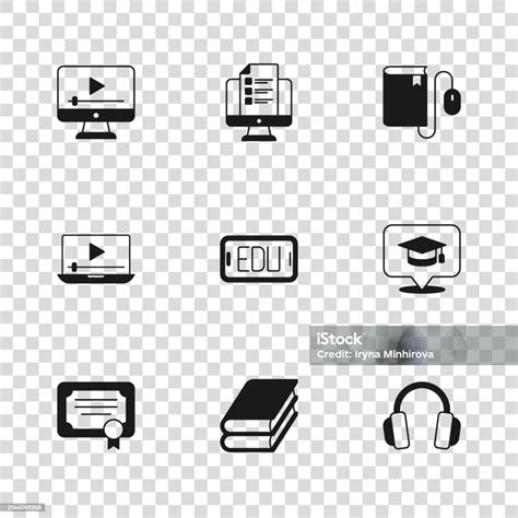 세트 북 말풍선 졸업 모자 헤드폰 온라인 교육 마우스가 있는 전자 책 비디오 재생 퀴즈 테스트 설문 조사 및 아이콘 벡터 개념에 대한 스톡 벡터 아트 및 기타 이미지