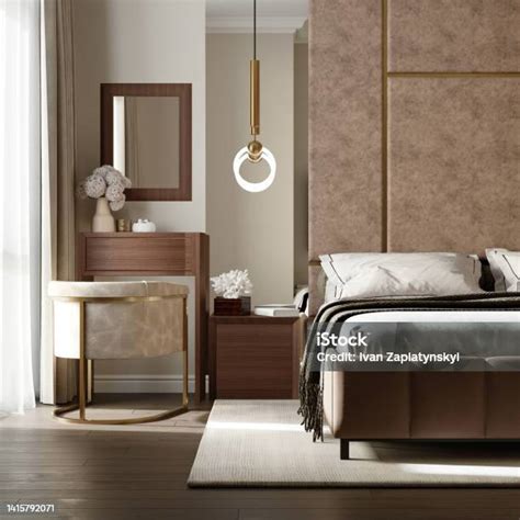 베이지 색 타일 벽이있는 갈색 톤의 현대적인 침실 인테리어 3d 렌더링 실내 장식에 대한 스톡 사진 및 기타 이미지 실내 장식 실내 차량 내부 Istock