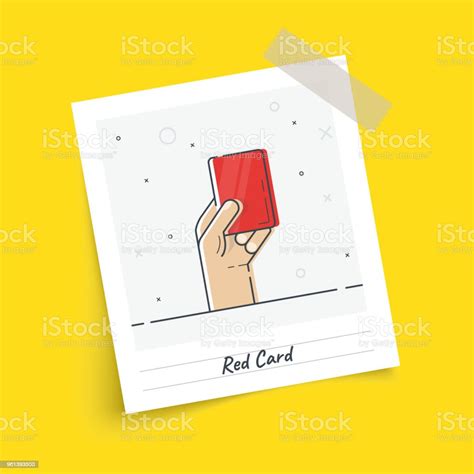 손에 빨간 카드와 함께 프레임 스티커 테이프에 사진 심판 손 들고 빨간색 카드입니다 노란 배경에 유행 평면 벡터입니다 벡터 일러스트입니다 인터넷에 대한 스톡 벡터 아트 및