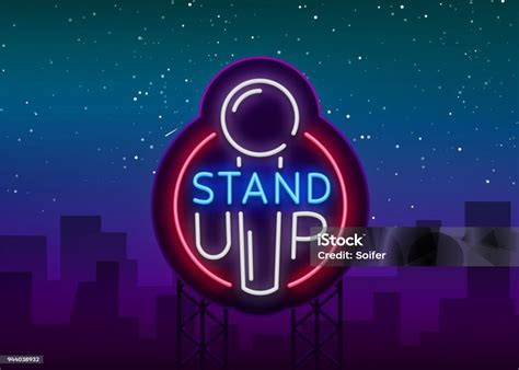 일어서서 기호 네온 스타일에서입니다 코미디 쇼는 네온 사인 상징 코미디 성능 밝은 배너 네온 포스터 Nightlit 프로젝트에