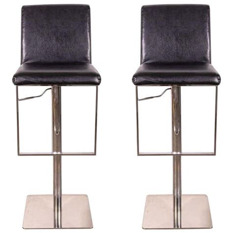 Pair Of Contemporary Modern Chrome And Black Leather Barstools