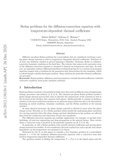 Pdf Stefan Problems For The Diffusion Convection Equation With Temperature Dependent Thermal