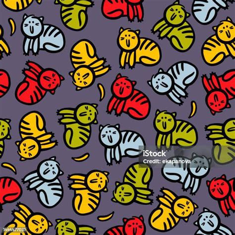 재미있는 낙서 웃는 고양이와 줄무늬 새끼 고양이가 있는 매끄러운 패턴 가축에 대한 스톡 벡터 아트 및 기타 이미지 가축 고양이 새끼 귀여운 Istock