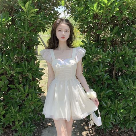 오브로지 로맨틱 룩 A라인 귀여운 러블리 쉬폰 샤 슬림핏 숄더 날개 나비 포인트 촬영 시스루 여리핏 셀프웨딩 셀프촬영 미니 원피스 드레스