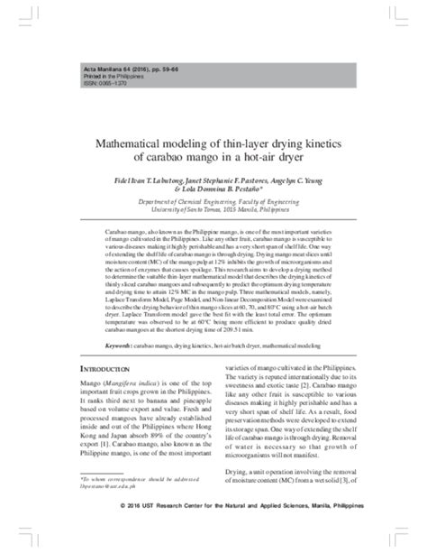 Pdf Mathematical Modeling Of Thin Layer Drying Kinetics Of Carabao