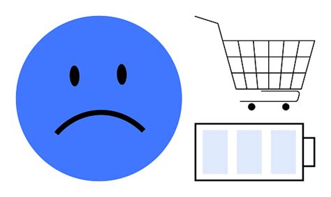 소비자 경험을 위한 쇼핑 카트와 배터리 부족 기호가 있는 슬픈 파란색 이모티콘 0명에 대한 스톡 벡터 아트 및 기타 이미지 0명 개념 개념과 주제 Istock