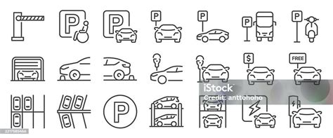 주차장 아이콘 세트입니다 여기에는 전기 자동차 충전 오토바이 주차 버스 주차 및 더 많은 아이콘이 포함되었습니다 편집 가능한 벡터 스트로크 주차장에 대한 스톡 벡터 아트 및