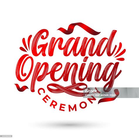 그랜드 오프닝 행사 럭셔리 인사말 카드 붉은 색 장식 타이포그래피 색종이 조각 리본이 흰색 배경에 고립되어 있습니다 그랜드 오프닝 발표 배너 포스터 전단지 0명에 대한 스톡