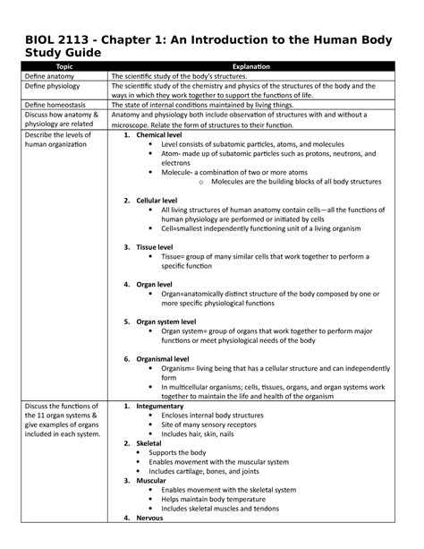 An P CH Study Guide Notes BIOL Chapter An Introduction To The Human Body Study