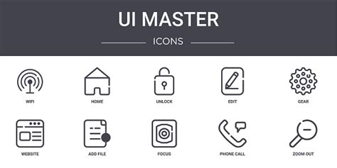 Ui 마스터 개념 선 아이콘 세트입니다 웹 로고 가정 편집 웹 사이트 포커스 전화 통화 축소 기어 잠금 해제와 같은 Ui Ux에
