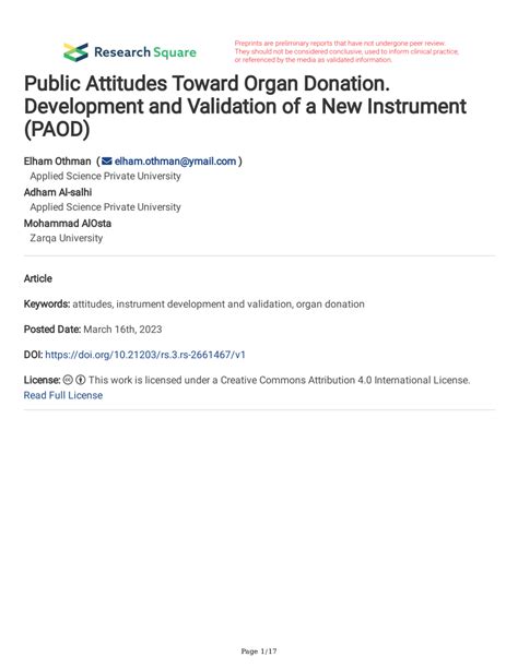 Pdf Public Attitudes Toward Organ Donation Development And Validation Of A New Instrument Paod
