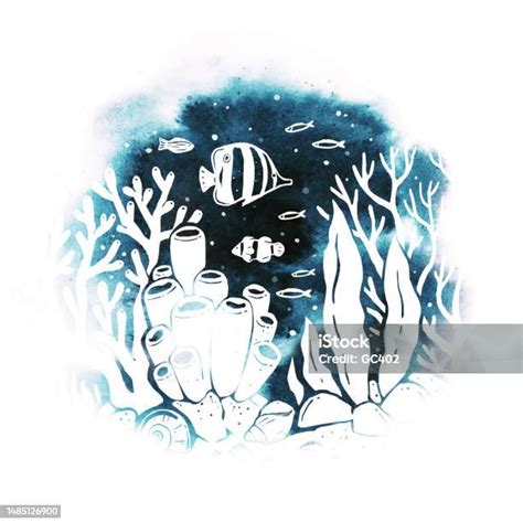 바다 밑에 있는 물고기 해초 산호의 수채화 벡터 실루엣 실루엣 바다 바닥 수중 자연을 보여주는 그림 포스터 엽서 인쇄물 배너 용
