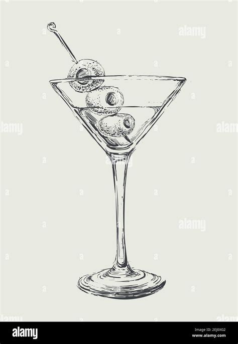 Sketch Martini Cocktails With Olives Vector Hand Drawn Illustration