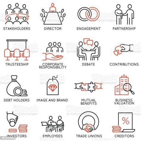 비즈니스 프로세스 팀워크 인적 자원 관리 및 이해 관계자와 관련 된 선형 아이콘의 벡터 집합입니다 모노 라인 무늬와 인포 그래픽 디자인 요소2 부 아이콘에 대한 스톡 벡터