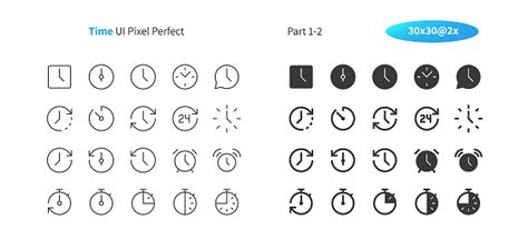 Ui 픽셀 완벽 한 잘 만들어진 벡터 얇은 선 및 고체 아이콘 30 2 시간 웹 그래픽 및 애플 리 케이 션에 대 한 표 X 간단한 최소한의 그림 12 부 2에 대한 스톡