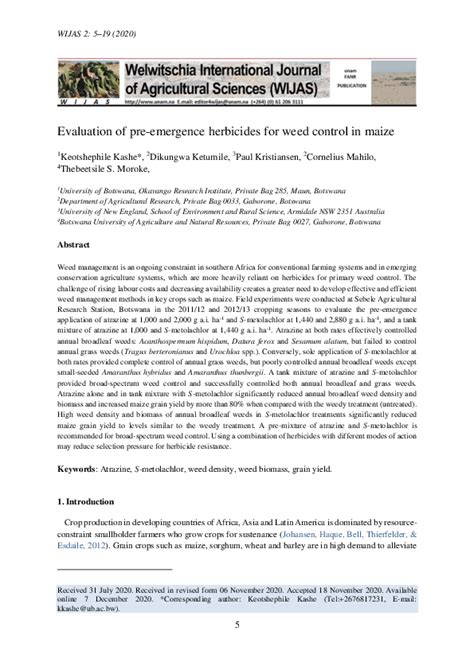 Pdf Evaluation Of Pre Emergence Herbicides For Weed Control In Maize