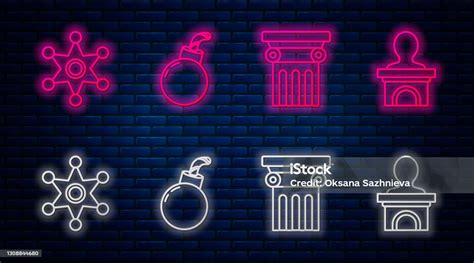 세트 라인 폭탄 폭발 준비 법 기둥 헥사그램 보안관과 무대 스탠드 또는 토론 연단 Rostrum 벽돌 벽에 빛나는 네온 아이콘 벡터 개척시대의 서부에 대한 스톡 벡터 아트