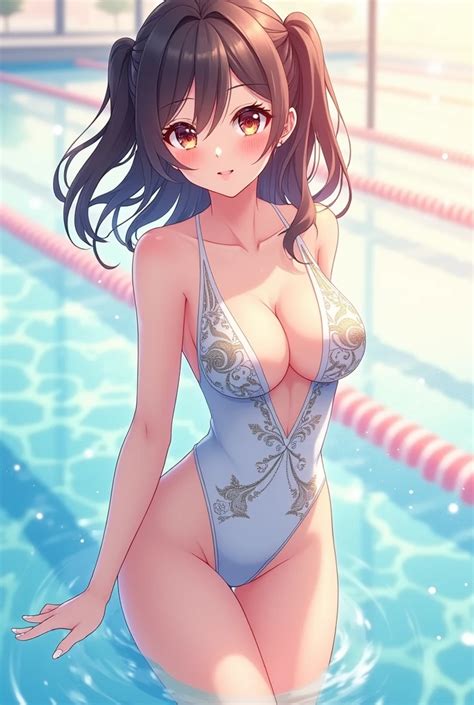 Anime Girl Swimmer Showing Her Sexy Blushing One Piece Swimsuit Card
