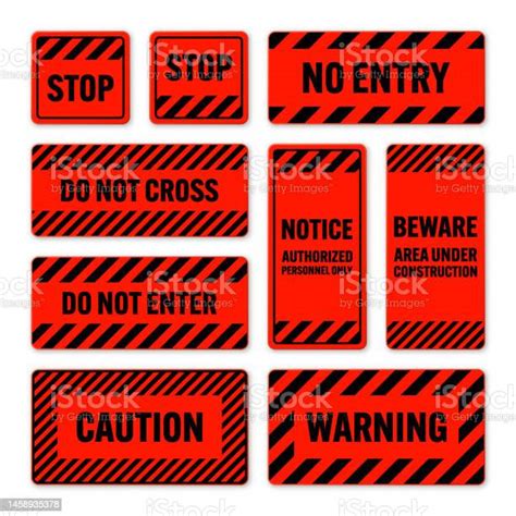 대각선이있는 다양한 검은 색과 빨간색 경고 표지판 주의 위험 또는주의 표지판 건설 현장 표지판 현실적인 통지 간판 경고 배너 도로 방패 벡터 그림 0명에 대한 스톡 벡터