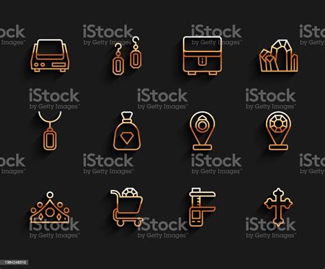 세트 라인 킹 크라운 보석 온라인 쇼핑 전자 보석 비늘 캘리퍼 또는 캘리퍼 기독교 십자가 보석 상점과 아이콘 가방 벡터 가방에 대한 스톡 벡터 아트 및 기타 이미지 Istock