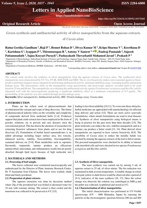 Pdf Green Synthesis And Antibacterial Activity Of Silver Nanoparticles From The Aqueous