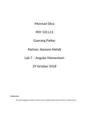 Lab Angular Momentum Docx Monnavi Silva PHY L Gaurang Parkar Partner Kareem Mehdi Lab