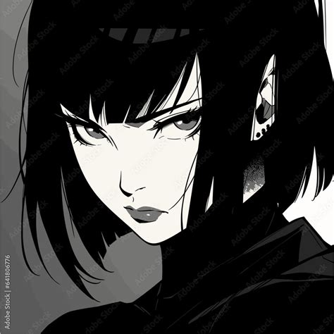 Dark Haired Cool Gothic Anime Woman With Short Haircut In Neon Colors