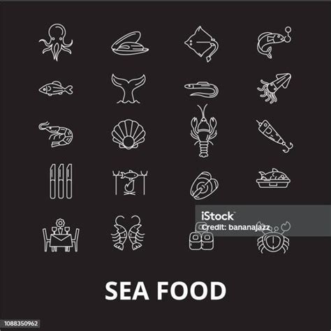 바다 음식 레스토랑 편집 라인 아이콘 벡터 세트 검은 배경에 바다 음식 레스토랑 화이트 개요 그림 표시 기호 랍스터 해산물에 대한 스톡 벡터 아트 및 기타 이미지 Istock