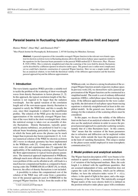 Pdf Paraxial Beams In Fluctuating Fusion Plasmas Diffusive Limit And Beyond