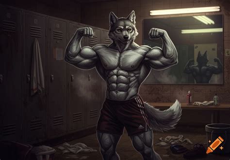 A Muscular Anthropomorphic Wolf In Shorts Flexes His Biceps In A Locker