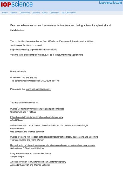 Pdf Exact Cone Beam Reconstruction Formulae For Functions And Their Gradients For Spherical