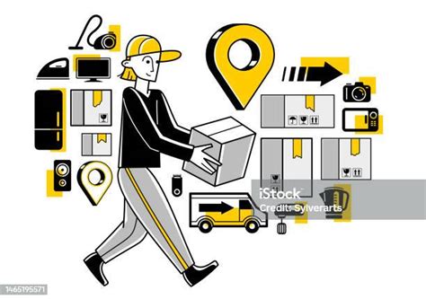 배송 및 물류 관리자는 빠르고 무료 배송 밴을 사용한 택배 온라인 상점 또는 시장에서 상품 주문 및 수령을 위해 상자와 소포를 준비하고 있습니다 교통수단에 대한 스톡 벡터
