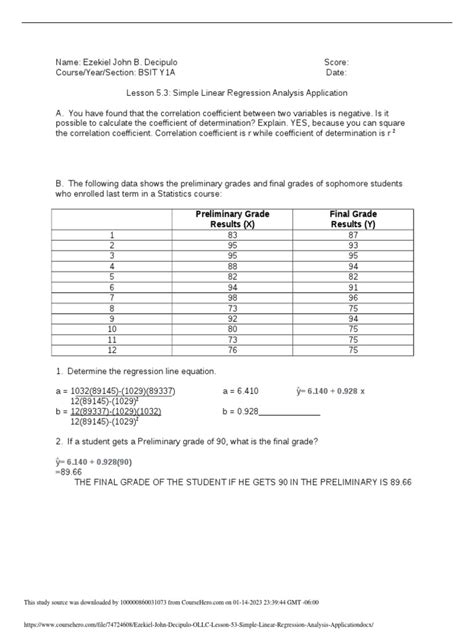 Ezekiel John Decipulo Ollc Lesson 53 Simple Linear Regression Analysis