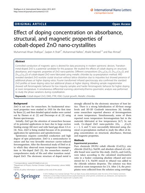 Pdf Effect Of Doping Concentration On Absorbance Structural And Magnetic Properties Of